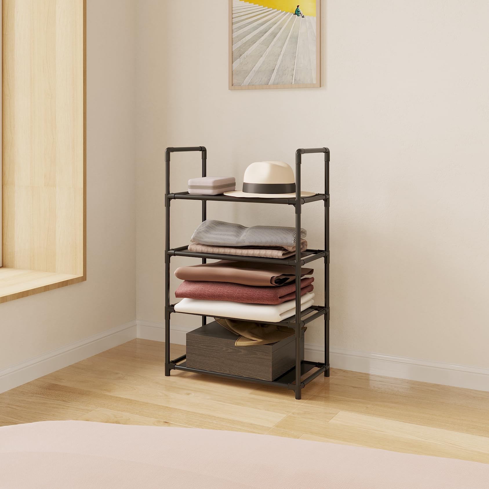 COAPUKT 4-Tier Small Shoe Rack, Narrow Kids Shoe Rack Stackable Organizer Storage,Sturdy Shoe Stand For Closet Entryway Hallway((4 Tiers-Black)