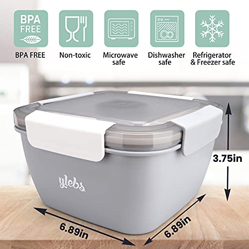 Ylebs 2 Pack Bento Box Adult Lunch Box,52-oz Salad Bowls,3 Compartment Tray with Salad Dressings Container,Used to Meal pre-prepare Food Fruit Snack,Leak Proof (Grey)