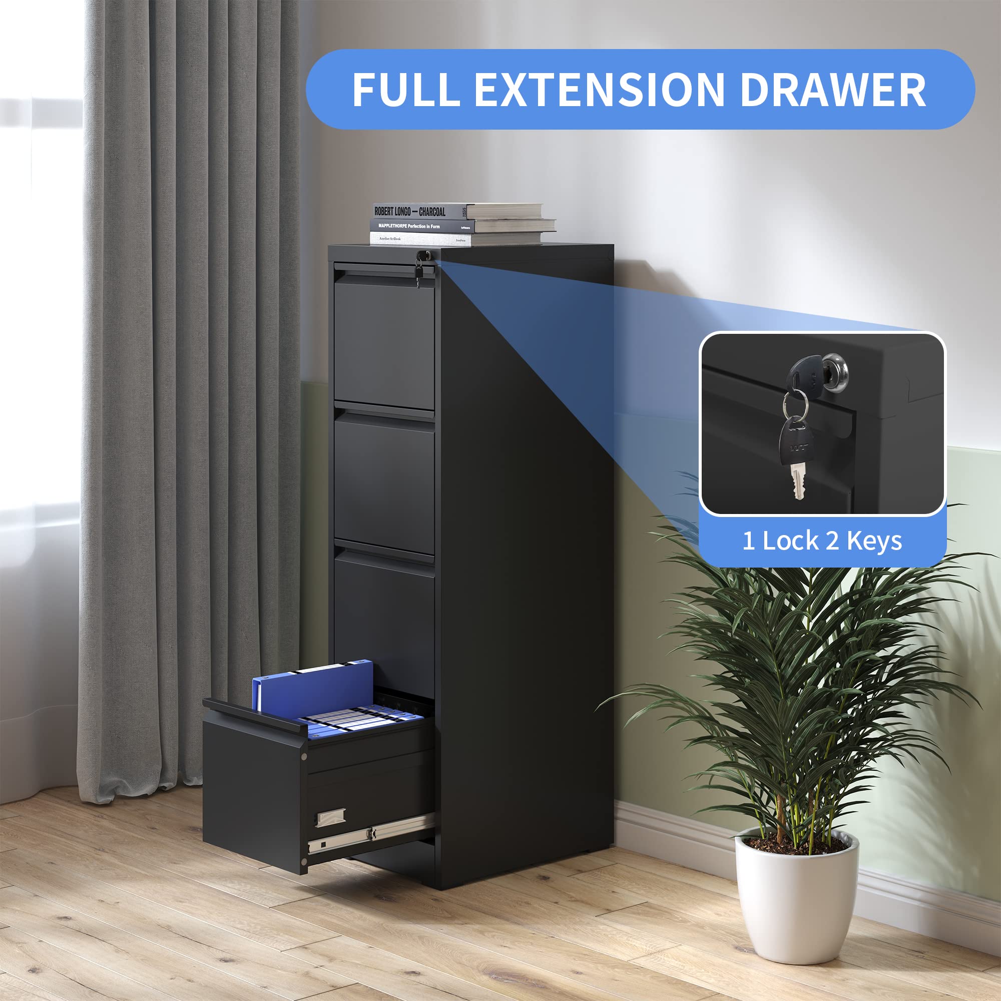 Yukimo 2 Drawer Lateral File Cabinet with Lock and 4 Drawer Filing Cabinet with Drawers, Black