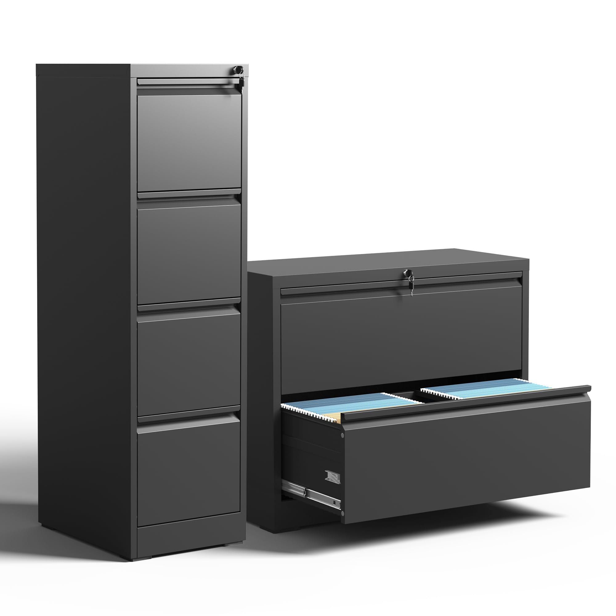 Yukimo 2 Drawer Lateral File Cabinet with Lock and 4 Drawer Filing Cabinet with Drawers, Black