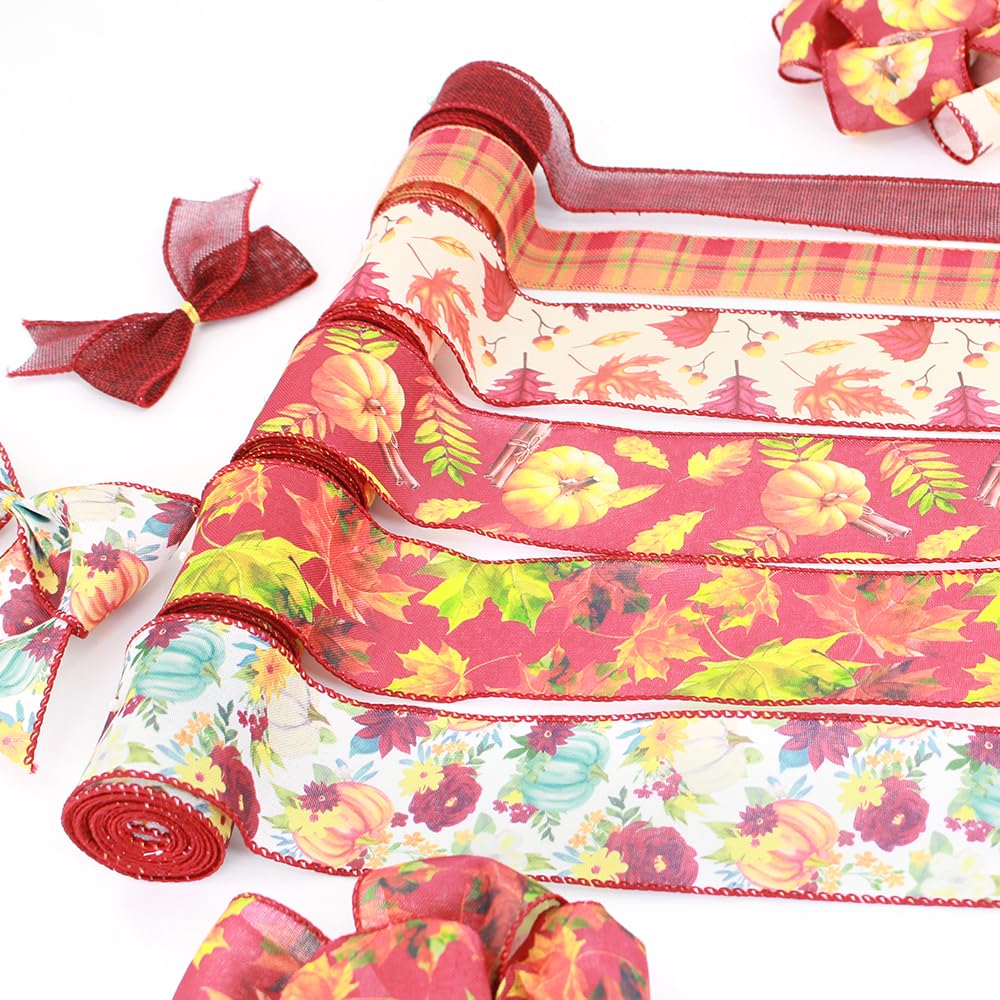 1.5" and 2.5'' Burgundy Fall Pumpkin Maple/Oak Leaf Wired Ribbon for Autumn and Thanksgiving Holiday 6 Rolls Total 30 Yards in Length (Fall Pumpkin)