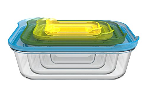 Joseph Joseph Nest Lock Plastic Food Storage Container Set with Lockable Airtight Leakproof Lids, 10-Piece, Multi-Color & Nest Glass Storage Dishes-Multi-Colour, Set of 4, Multicolor
