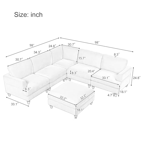 WADRI Modular Sectional Sofa with Ottoman, L-Shaped Corner Sectional, Corduroy Fabric Oversized Sectional Sofa, 5-Seat Couch or Living Room, Office, Free Combination (Beige-A55)