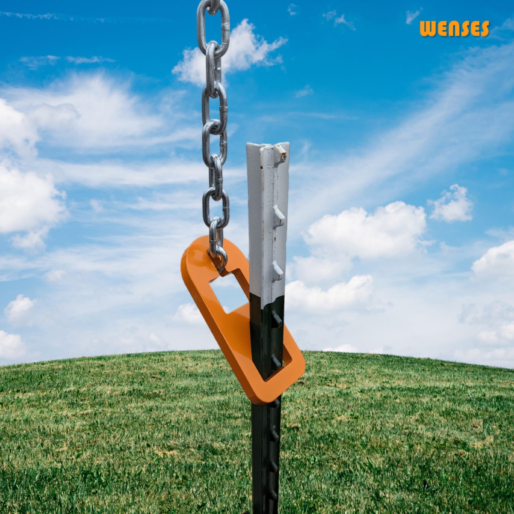 Wenses T-Post Puller Plate Tool with Short Chain, Heavy Duty Carbon Steel Plate with Orange Coating