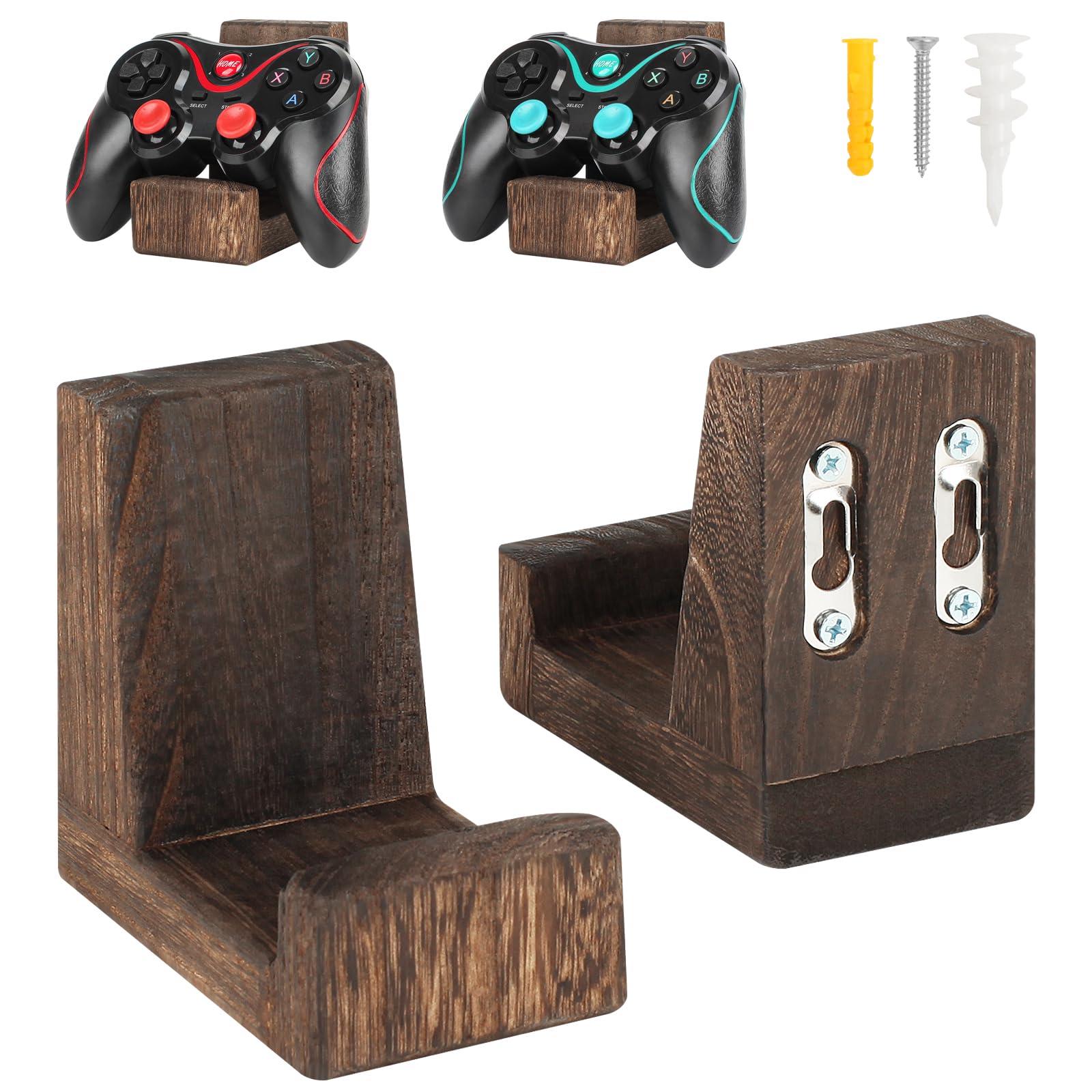 BEARUT 2 Pack Wall Mounted Game Controller Holder Headset Stand Universal Controller Gaming PC Accessories Rack Headphone Stand for Xbox Series PS5 PS4 by Wood Adhesive Fixation or Screws Install