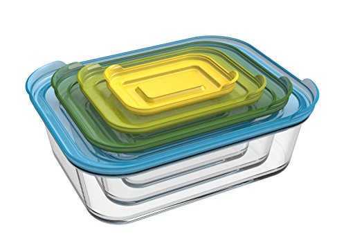 Joseph Joseph Nest Lock Plastic Food Storage Container Set with Lockable Airtight Leakproof Lids, 10-Piece, Multi-Color & Nest Glass Storage Dishes-Multi-Colour, Set of 4, Multicolor