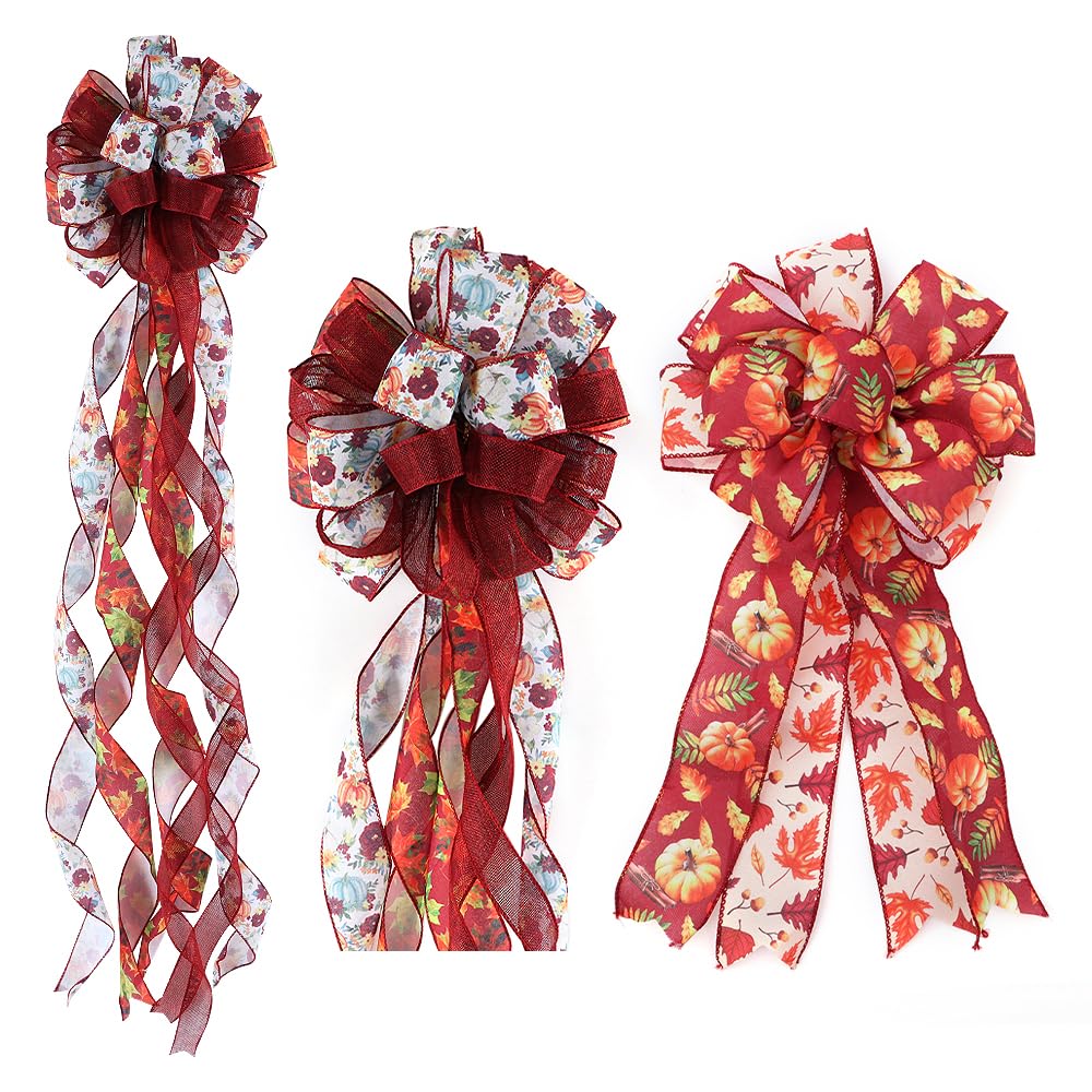 1.5" and 2.5'' Burgundy Fall Pumpkin Maple/Oak Leaf Wired Ribbon for Autumn and Thanksgiving Holiday 6 Rolls Total 30 Yards in Length (Fall Pumpkin)
