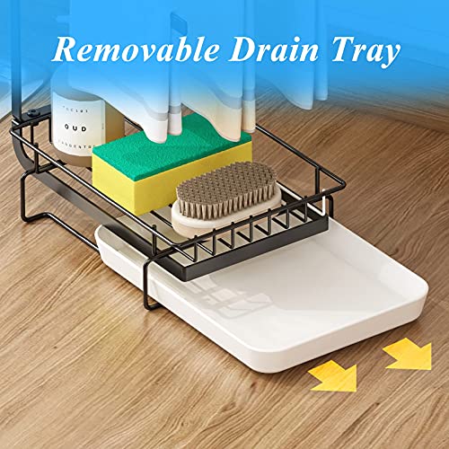 Apsan Sponge Holder with Drain Pan for Kitchen Sink, Kitchen Sink Caddy Organizer for Sponge Brush Soap Dish Dishcloth Rack, Small Black
