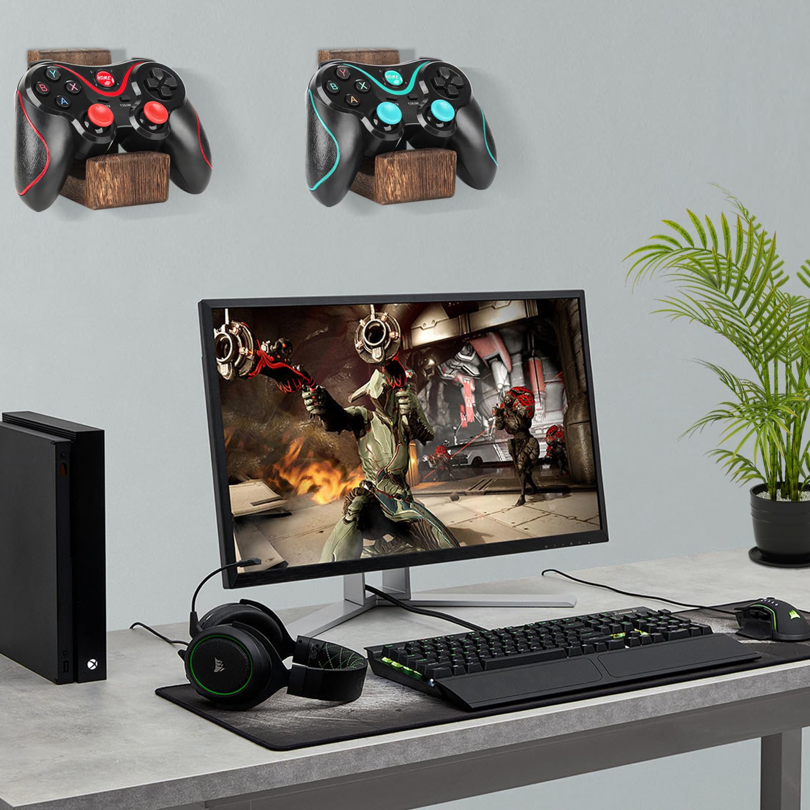 BEARUT 2 Pack Wall Mounted Game Controller Holder Headset Stand Universal Controller Gaming PC Accessories Rack Headphone Stand for Xbox Series PS5 PS4 by Wood Adhesive Fixation or Screws Install