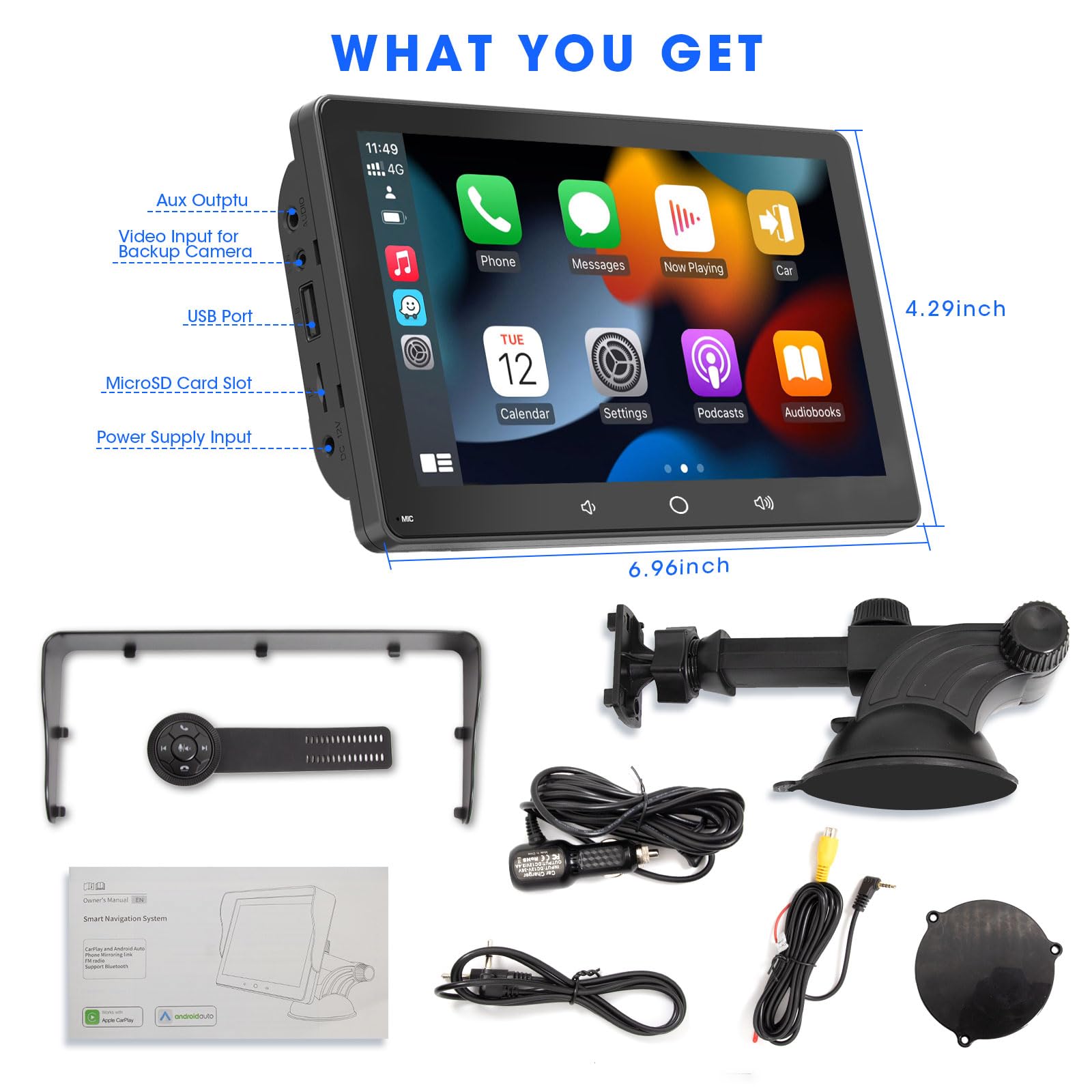 Wireless Apple CarPlay Android Auto: Portable 7 Inch QLED Touch Screen Car Stereo - Bluetooth 5.0 Mirror Link Steering Wheel Control Voice Assistant GPS Navigation