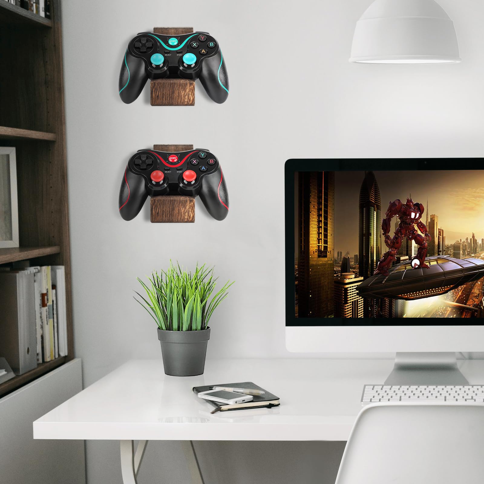 BEARUT 2 Pack Wall Mounted Game Controller Holder Headset Stand Universal Controller Gaming PC Accessories Rack Headphone Stand for Xbox Series PS5 PS4 by Wood Adhesive Fixation or Screws Install