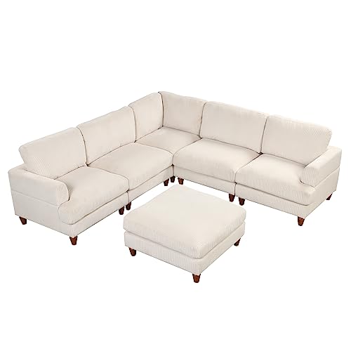 WADRI Modular Sectional Sofa with Ottoman, L-Shaped Corner Sectional, Corduroy Fabric Oversized Sectional Sofa, 5-Seat Couch or Living Room, Office, Free Combination (Beige-A55)