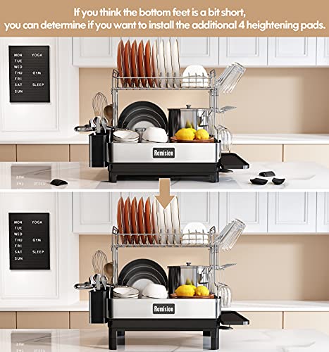 romision Dish Rack and Drainboard Set, 304 Stainless Steel 2 Tier Large Dish Drying Rack with Swivel Spout, Dish Strainer for Kitchen Counter with Utensil Holder, Cup Rack, Water Tray