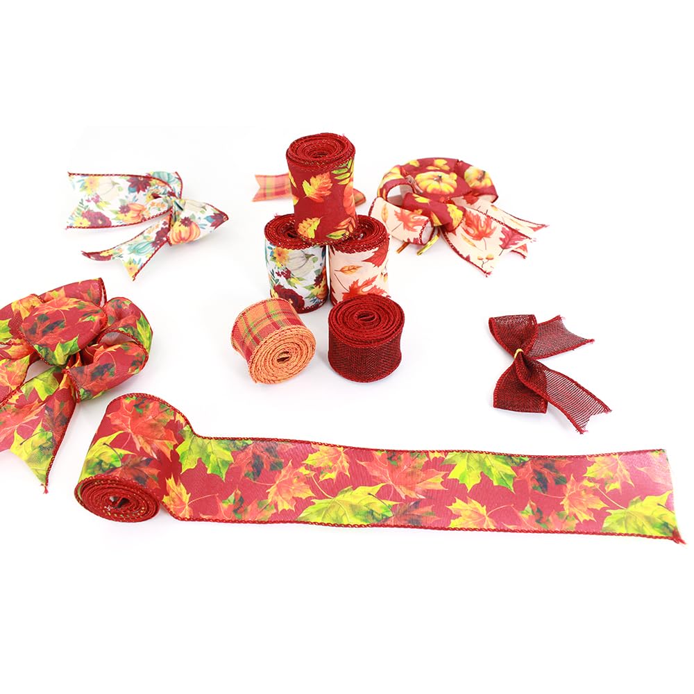 1.5" and 2.5'' Burgundy Fall Pumpkin Maple/Oak Leaf Wired Ribbon for Autumn and Thanksgiving Holiday 6 Rolls Total 30 Yards in Length (Fall Pumpkin)