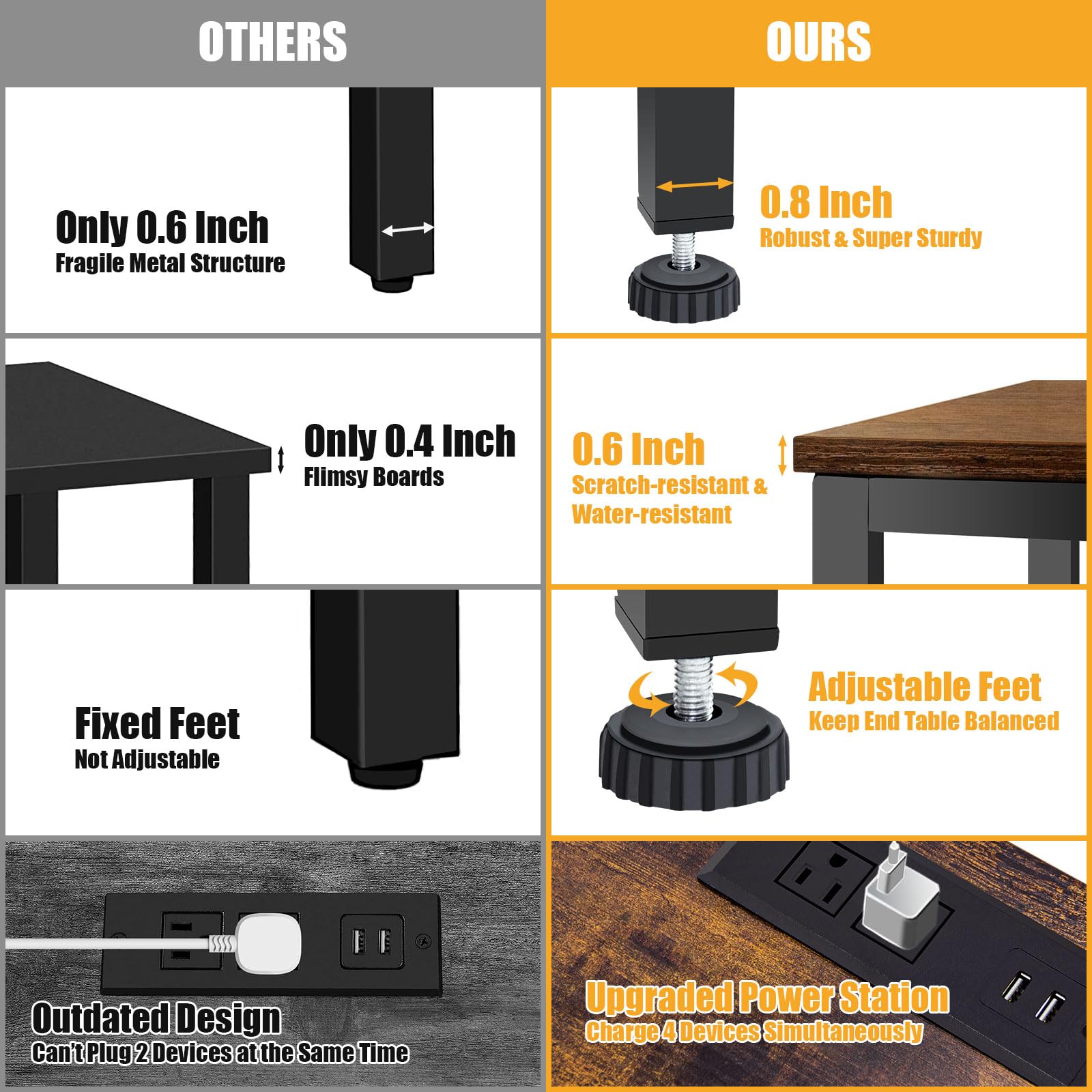 Nightstand with Charging Station, Bedside End Table with USB Ports and Outlets, Night Stand with Fabric Drawer, Side Table for Bedroom, Dorm, 3-Tier Storage Shelf, Vintage Brown, Set of 2