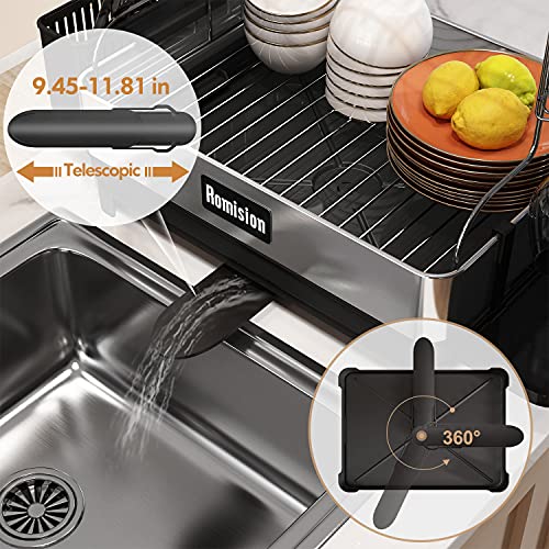 romision Dish Rack and Drainboard Set, 304 Stainless Steel 2 Tier Large Dish Drying Rack with Swivel Spout, Dish Strainer for Kitchen Counter with Utensil Holder, Cup Rack, Water Tray