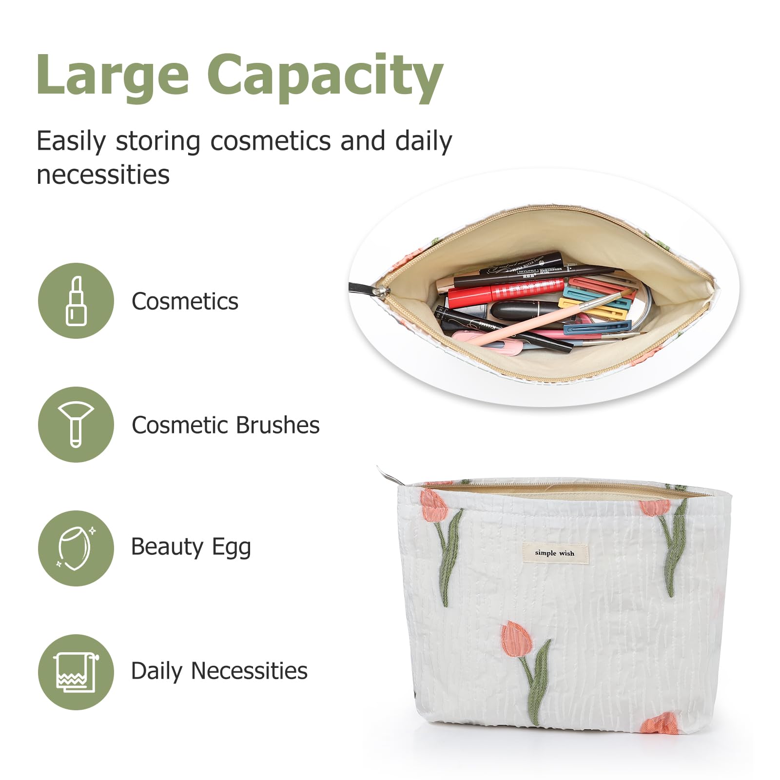 Sightor Aesthetic Makeup Bag, Large Capacity Cosmetic Bag Canvas Floral Makeup Bag, Travel Pouch Make Up Purse Toiletry Storge Bag for Women (White Tulip)