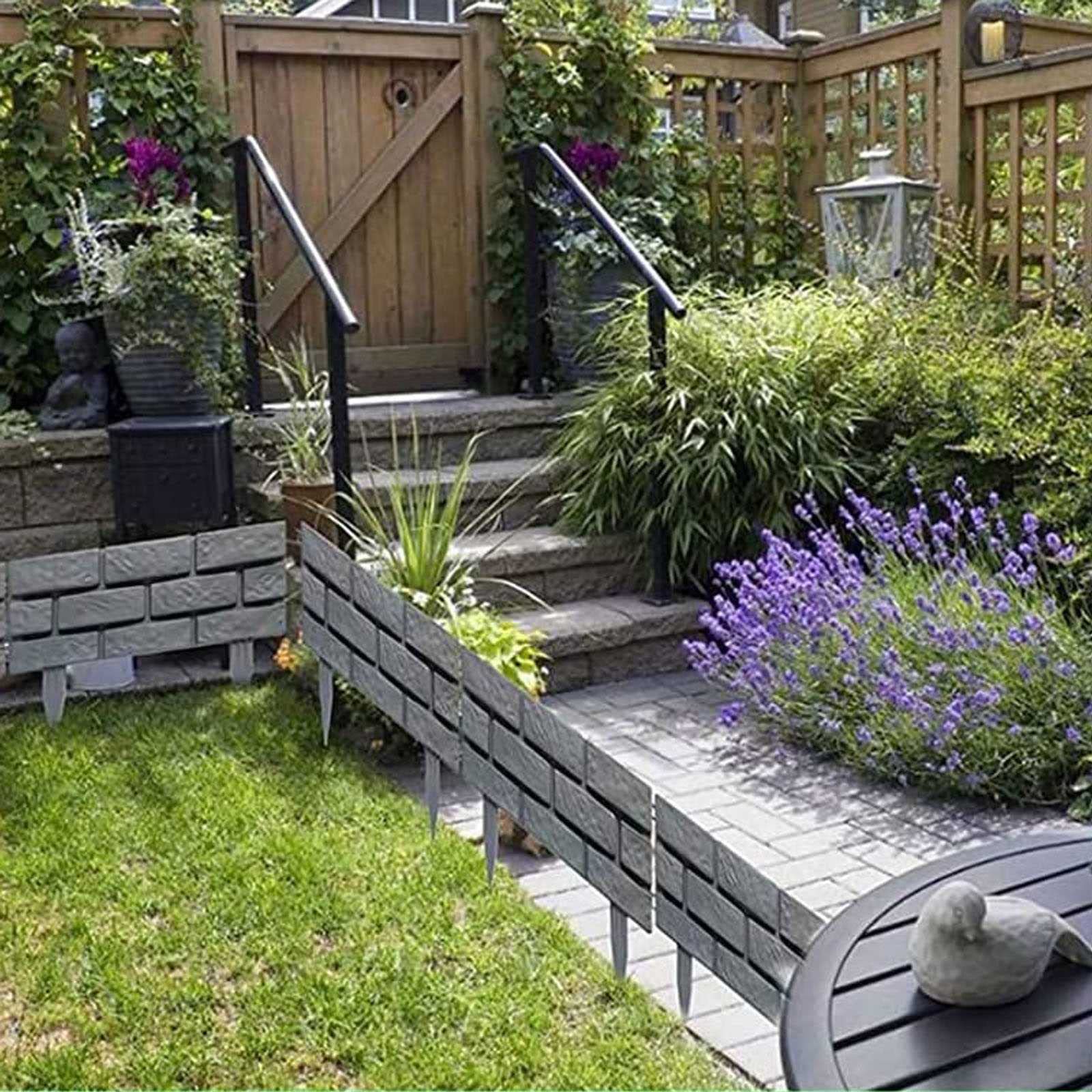 SJUFNDS Garden Lawn Edge Fence Outdoor Brick Stone Look Borders No-dig Interlocking Landscape Edging Decorative Landscape Kits Plastic 5PCS (Grey-5pcs)