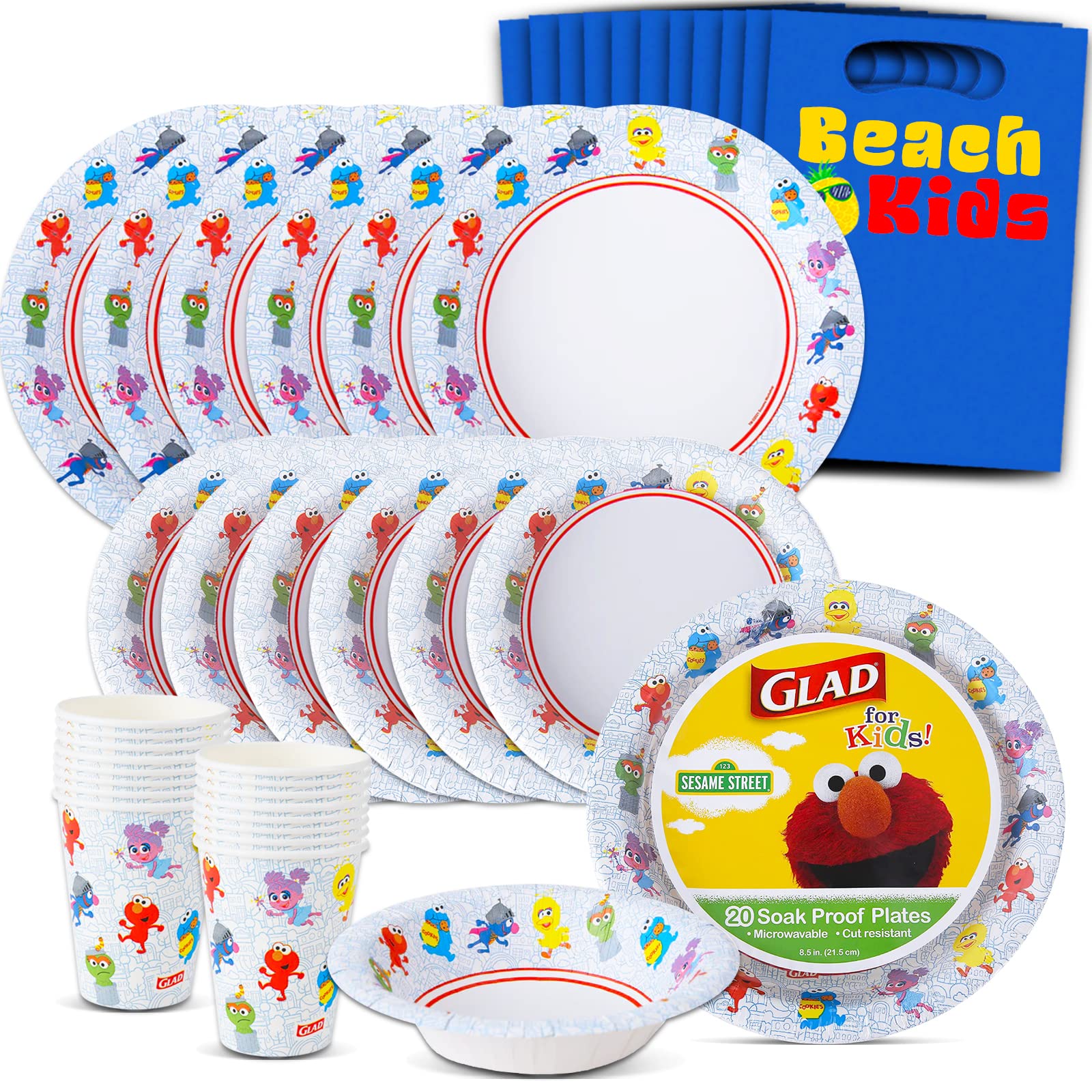 Sesame Street Party Supplies Set - 18 Person Elmo Birthday Party Bundle with Disposable Sesame Street Plates, Bowls, and Cups Plus Loot Bags | Sesame Street Party Favors