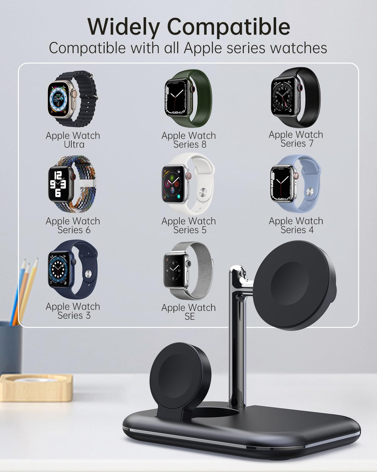 Charger Stand for Apple Watch, 2 in 1 Foldable Wireless Charging Station for Apple Watch Ultra/Ultra2/10/9/8/7/6/5/3/2/1/SE/SE2