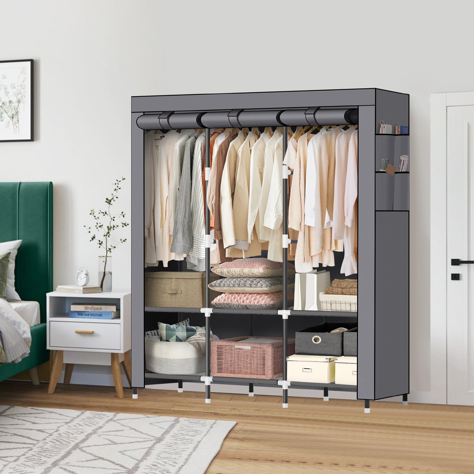 LOKEME Portable Closet, Wardrobe Closet with 3 Hanging Rods and 6 Storage Shelves, Gray Closet, Easy to Assemble Portable Closets for Hanging Clothes with 4 Side Pockets, PWC0006-GRAY