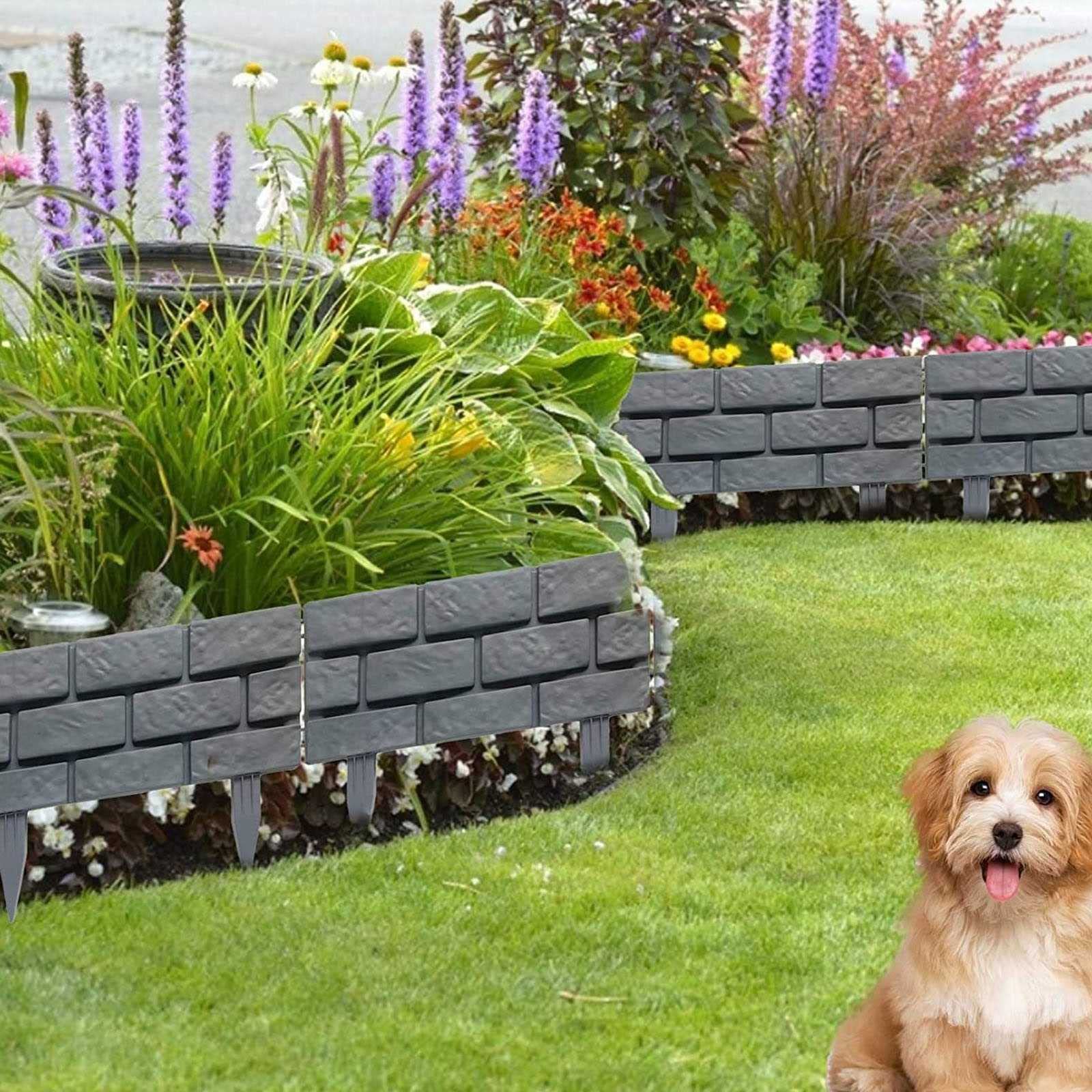 SJUFNDS Garden Lawn Edge Fence Outdoor Brick Stone Look Borders No-dig Interlocking Landscape Edging Decorative Landscape Kits Plastic 5PCS (Grey-5pcs)