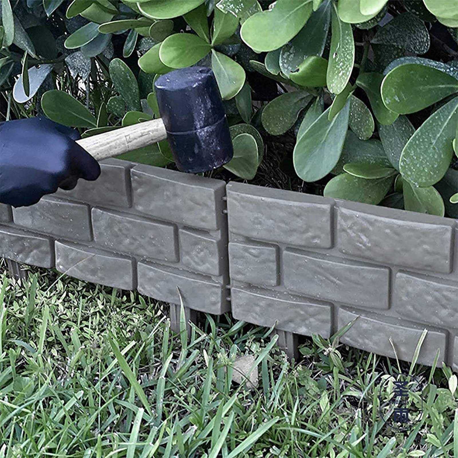 SJUFNDS Garden Lawn Edge Fence Outdoor Brick Stone Look Borders No-dig Interlocking Landscape Edging Decorative Landscape Kits Plastic 5PCS (Grey-5pcs)
