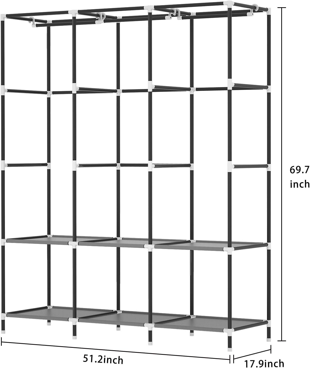 LOKEME Portable Closet, Wardrobe Closet with 3 Hanging Rods and 6 Storage Shelves, Gray Closet, Easy to Assemble Portable Closets for Hanging Clothes with 4 Side Pockets, PWC0006-GRAY