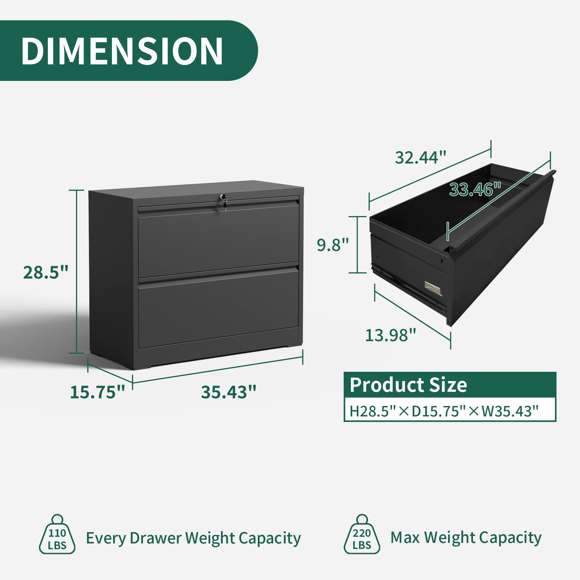 Yukimo 2 Drawer Lateral File Cabinet with Lock and 2 Drawer File Cabinet with Drawers, Black