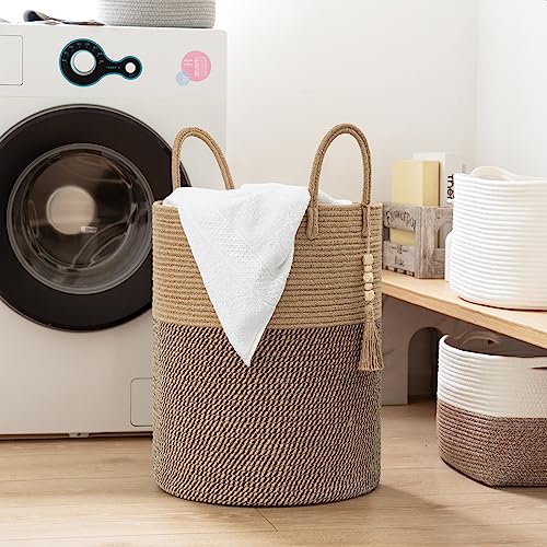 CherryNow Tall Laundry Hamper Woven Storage Basket, Shoe Basket for Entryway, Blanket Basket Living Room, Decorative Basket for Toys, Clothes, 15 x 17.7 Inches, Black & Jute