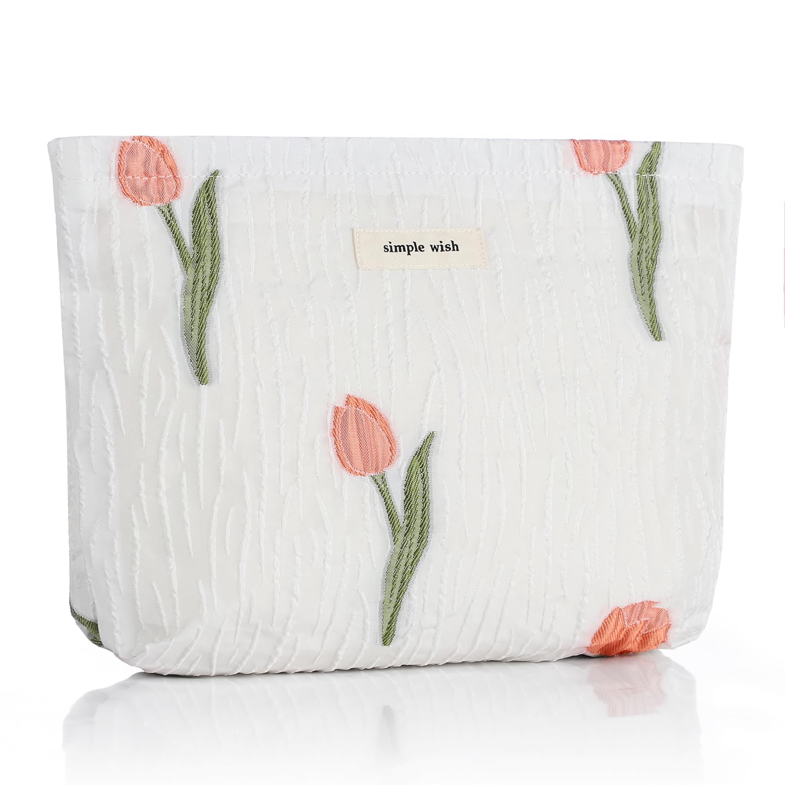 Sightor Aesthetic Makeup Bag, Large Capacity Cosmetic Bag Canvas Floral Makeup Bag, Travel Pouch Make Up Purse Toiletry Storge Bag for Women (White Tulip)