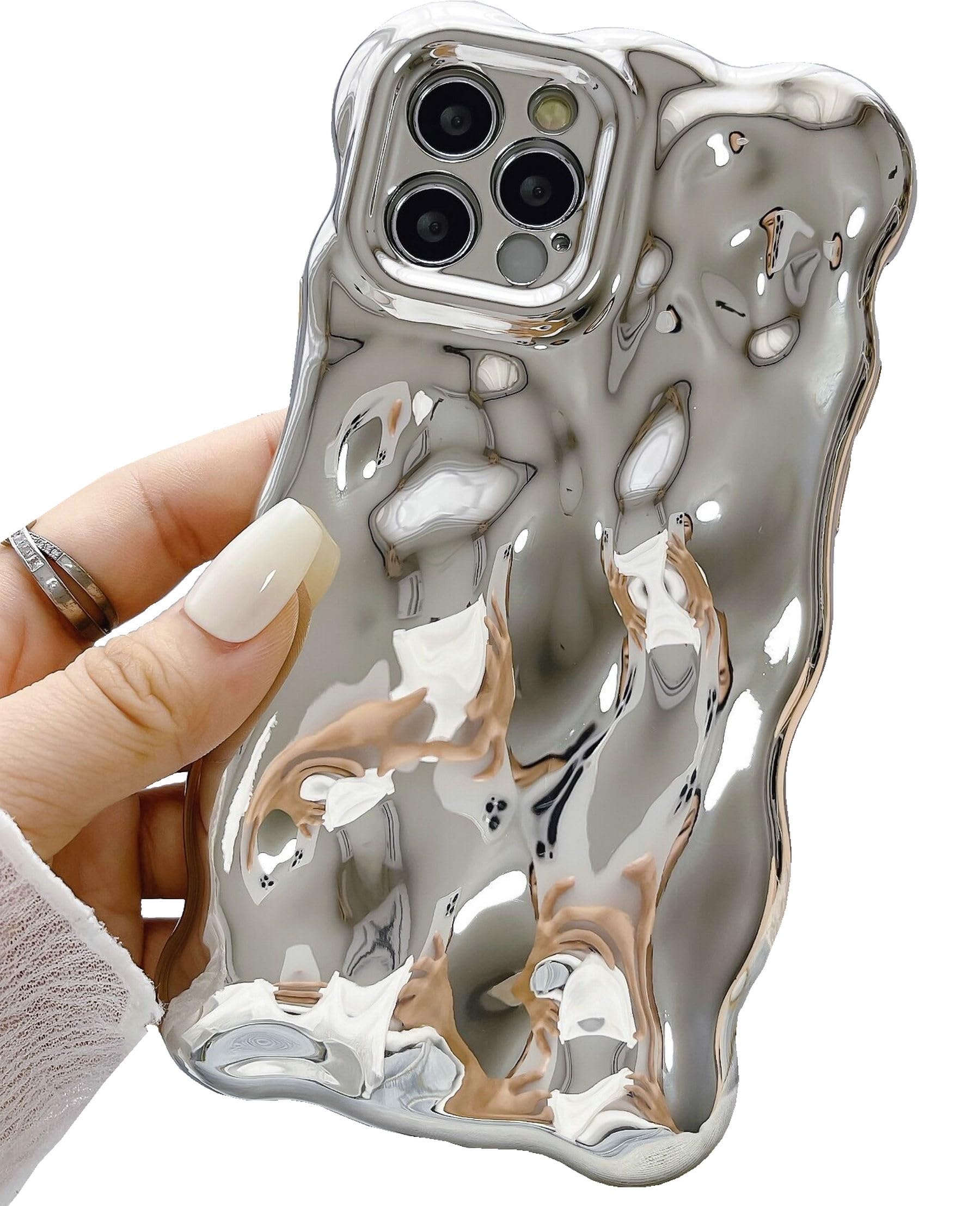 JANDM Case for iPhone 14 Pro Max,3D Wave Bubble Shape Ripple Chrome Pattern Soft Non-Yellowing Bumper Case Glitter Shiny Camera Shockproof Women Girls Cover Case for iPhone 14 Pro Max -Silver