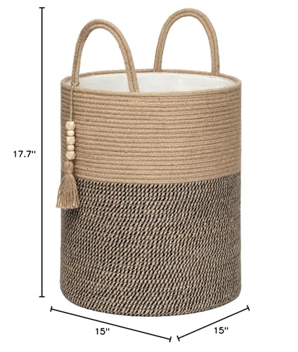 CherryNow Tall Laundry Hamper Woven Storage Basket, Shoe Basket for Entryway, Blanket Basket Living Room, Decorative Basket for Toys, Clothes, 15 x 17.7 Inches, Black & Jute