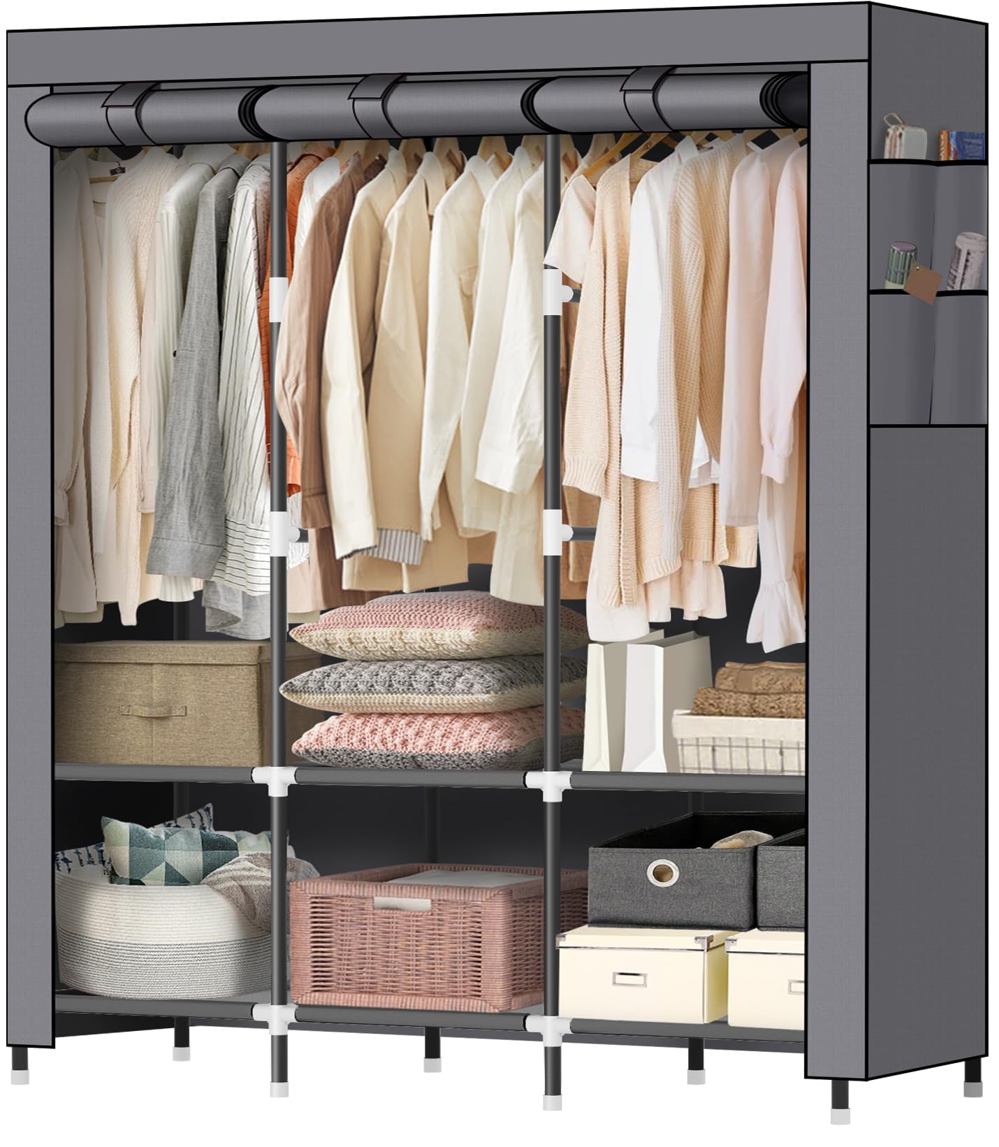 LOKEME Portable Closet, Wardrobe Closet with 3 Hanging Rods and 6 Storage Shelves, Gray Closet, Easy to Assemble Portable Closets for Hanging Clothes with 4 Side Pockets, PWC0006-GRAY