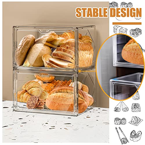 ONLYOILY 2PCS Upgrade Large Bread Box for Kitchen Countertop, Plastic Bread Box Bread Holder, Stackable Double Layer Bread Storage Container, Clear Bread Boxes for Kitchen Countertop, Pantry Storage