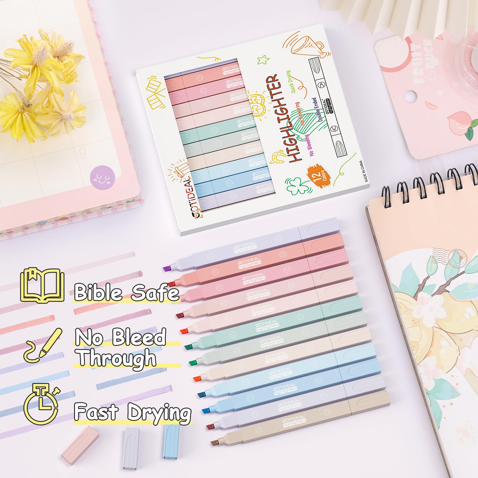 GOTIDEAL Aesthetic Cute Pastel Highlighters set, Dual tip 12 Pack No Bleed Bible Highlighters for office, School study accessory supplies