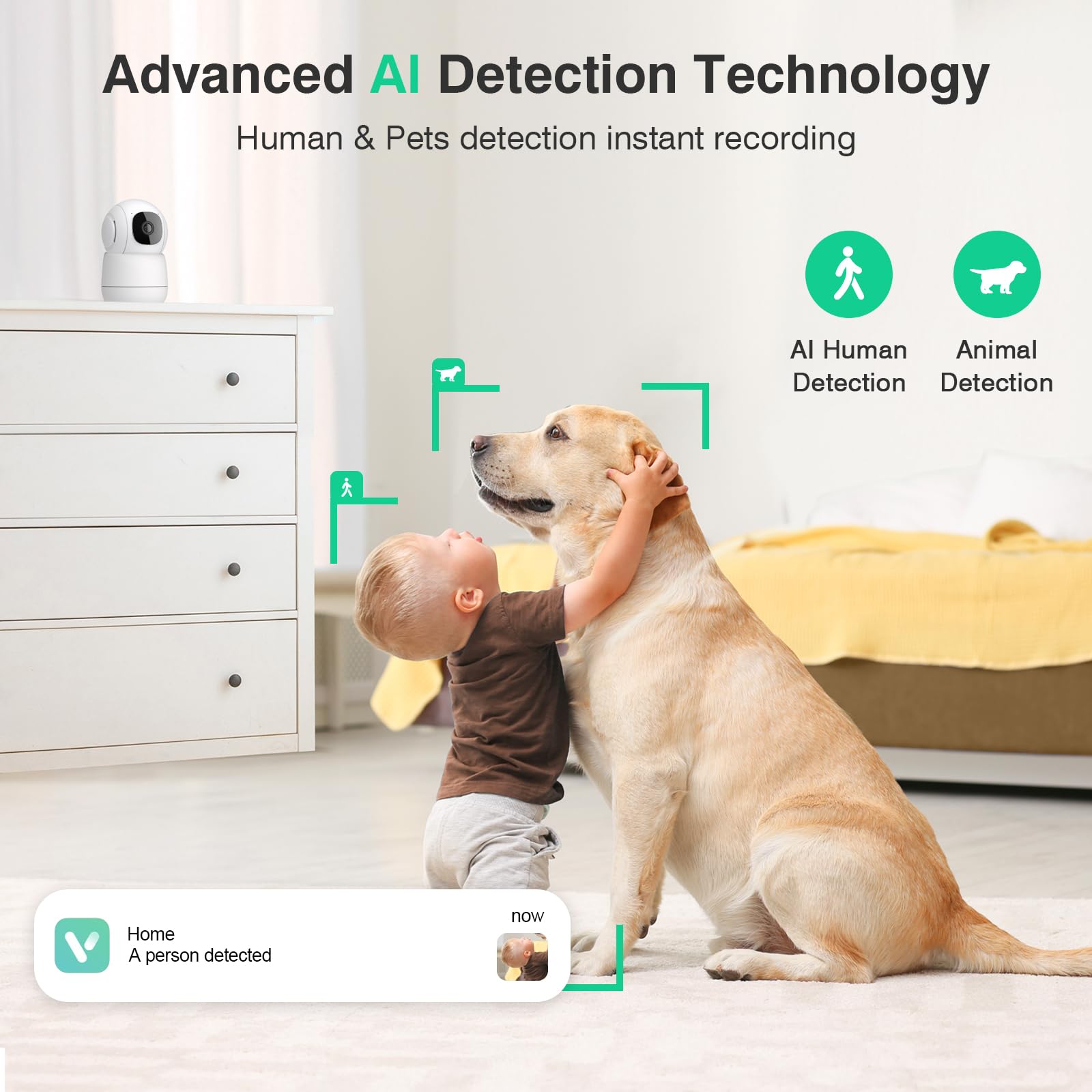 SEHMUA Indoor Security Camera, 2K & 360 Degree Pet Wi-Fi Home Camera with Smart AI Motion Detection for Baby/Dog/Elder, Night Vision, 2-Way Audio, Siren, 24/7 SD Card Storage White