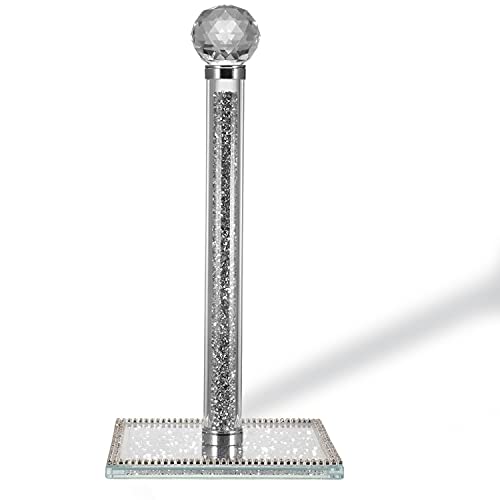 Handmade Silver Paper Towel Roll Holder, Filled with Sparkly Crystal Crushed Diamonds for Kitchen / Bathroom Towel Tissue Roll Countertop, 13inch Height 6.3inch Square Base Freestanding Holder