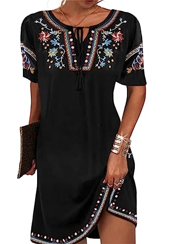 Melliflo Short Sleeve Mexican Dress for Women Tie Front V Neck Floral Midi Dress Fiesta Dresses(V Black. Medium)