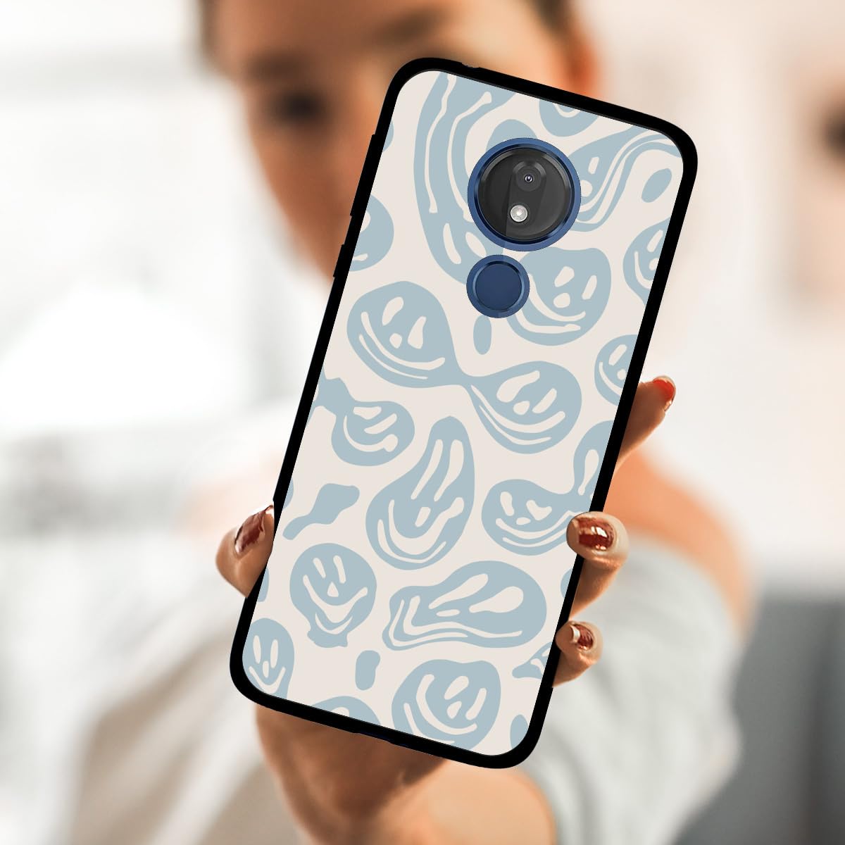 zaztify Phone Case for Motorola Moto G7 Power/Supra/Optimo Maxx, Pastel Beige Blue Funny Trippy Dripping Smile Melted Hippie Smiling Skull Ghost Face Cute Shockproof Protective Soft Cover Shell