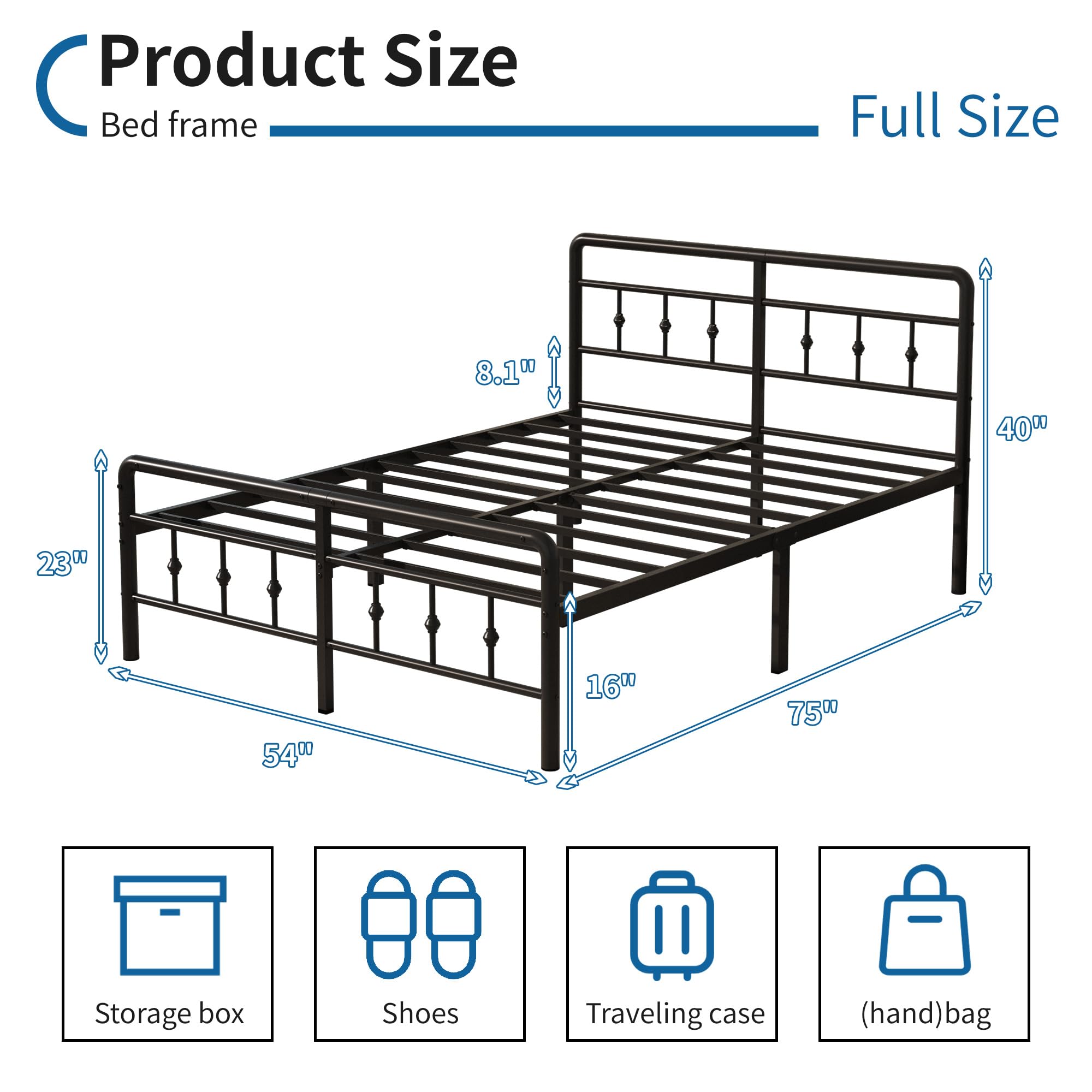DiaOutro 16 Inch Full Size Bed Frame with Headboard and Footboard, Classic Metal Platform No Box Spring Needed Heavy Duty Victorian Style Iron-Art Mattress Foundation/Under Storage Matte Black DA13