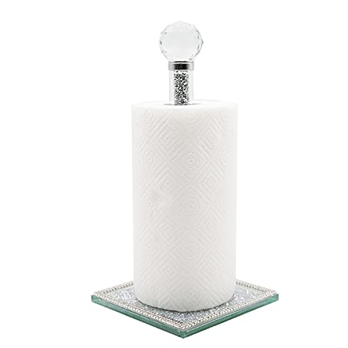 Handmade Silver Paper Towel Roll Holder, Filled with Sparkly Crystal Crushed Diamonds for Kitchen / Bathroom Towel Tissue Roll Countertop, 13inch Height 6.3inch Square Base Freestanding Holder