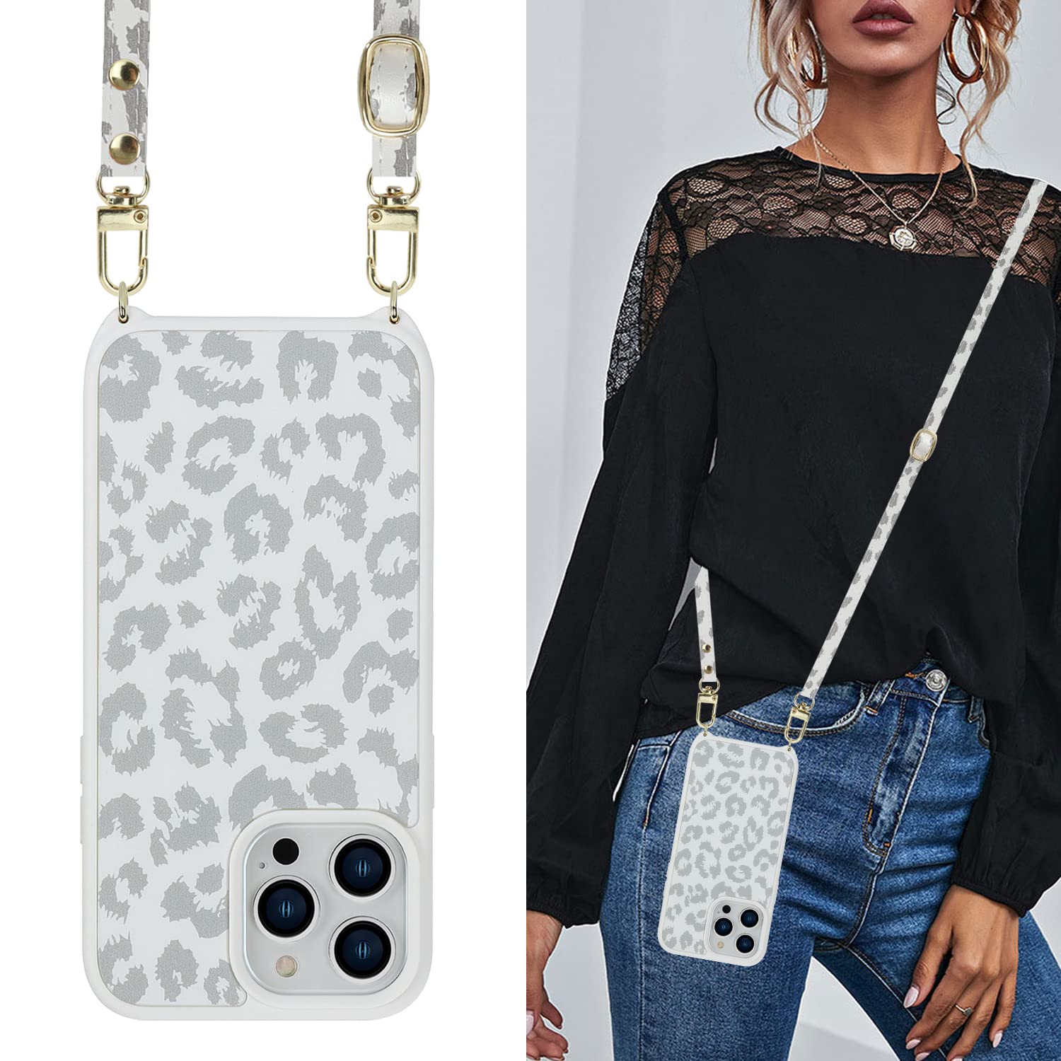 Cavor for iPhone 13 Pro Max Case,Compatible with Magsafe for Women,Crossbody Cases for iPhone 13 Pro Max with Strap Wireless Charging,Leopard Grain Full Body Shockproof Protective Case,White