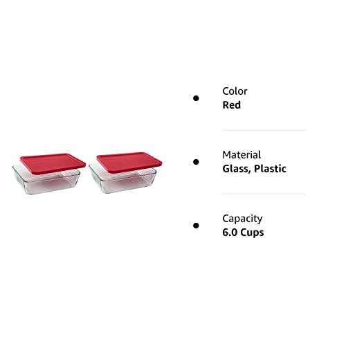 Pyrex 6-cup 7211 Rectangle Glass Food Storage Containers with Red Plastic Lids - 2 Pack