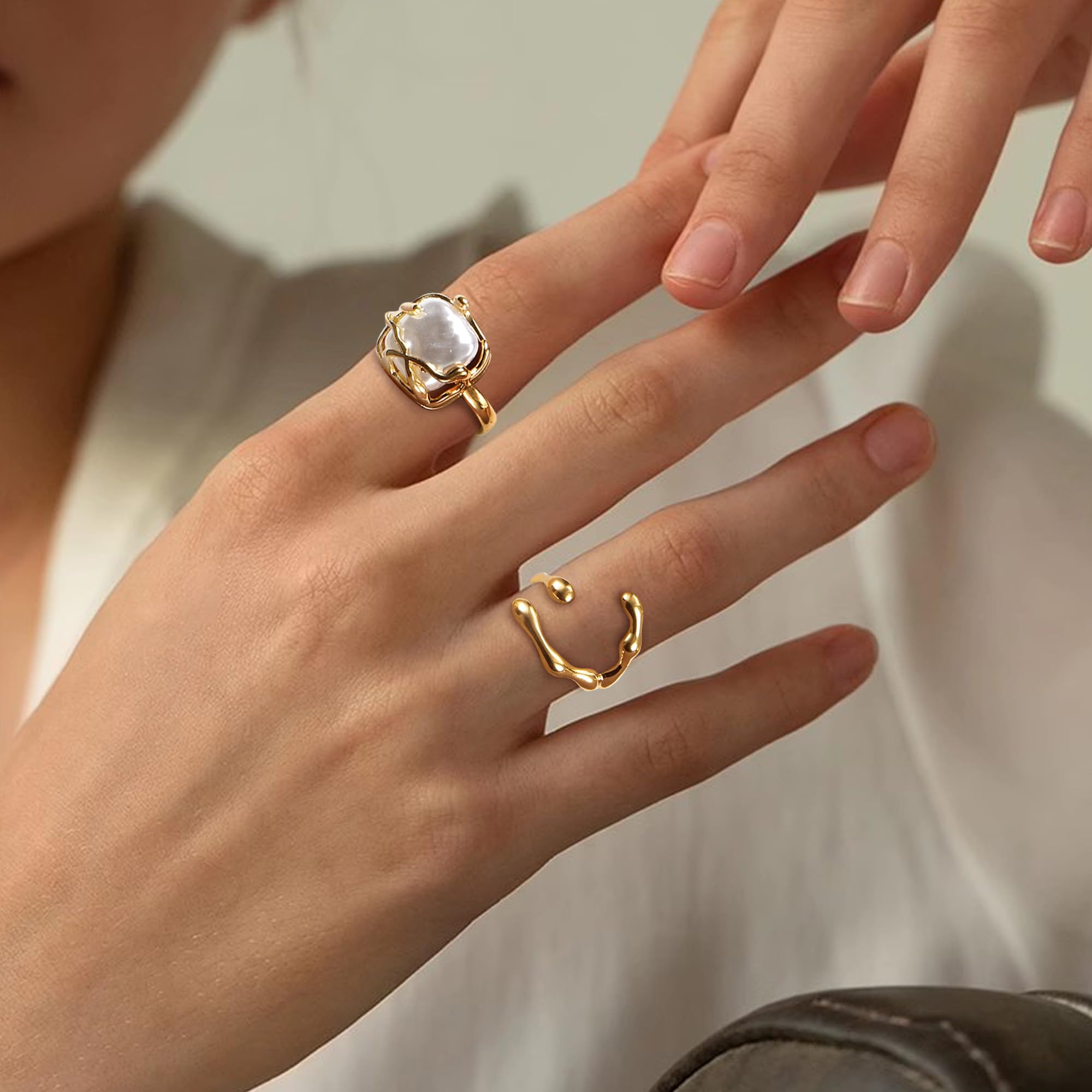 FIBO STEEL 12PCS Gold Rings for Women: 18K Gold Plated Chunky Stacking Rings Set