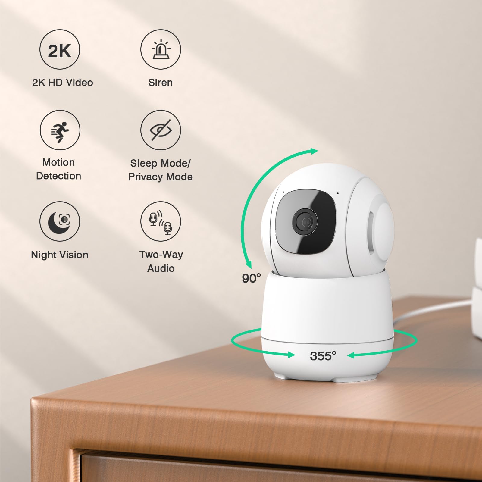 SEHMUA Indoor Security Camera, 2K & 360 Degree Pet Wi-Fi Home Camera with Smart AI Motion Detection for Baby/Dog/Elder, Night Vision, 2-Way Audio, Siren, 24/7 SD Card Storage White