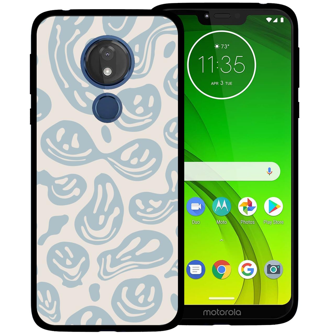 zaztify Phone Case for Motorola Moto G7 Power/Supra/Optimo Maxx, Pastel Beige Blue Funny Trippy Dripping Smile Melted Hippie Smiling Skull Ghost Face Cute Shockproof Protective Soft Cover Shell