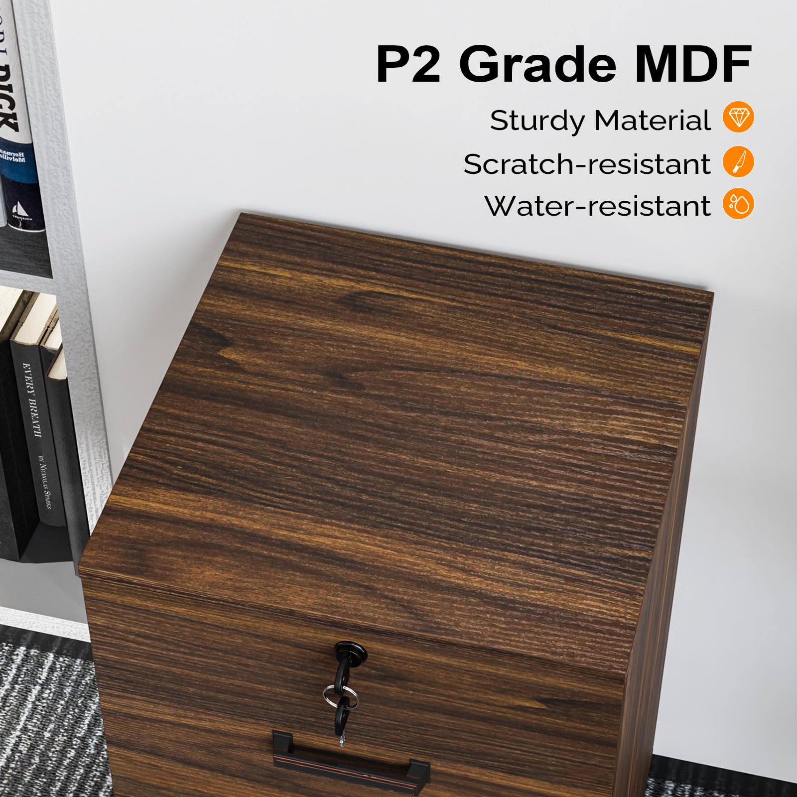 VINGLI 2 Drawer File Cabinet with Lock, Wood Dark Brown File Cabinet for Letter Size File Folders with Tabs, Under Desk Rolling File Cabinets for Home Office, Mobile Filing Cabinet Printer Stand