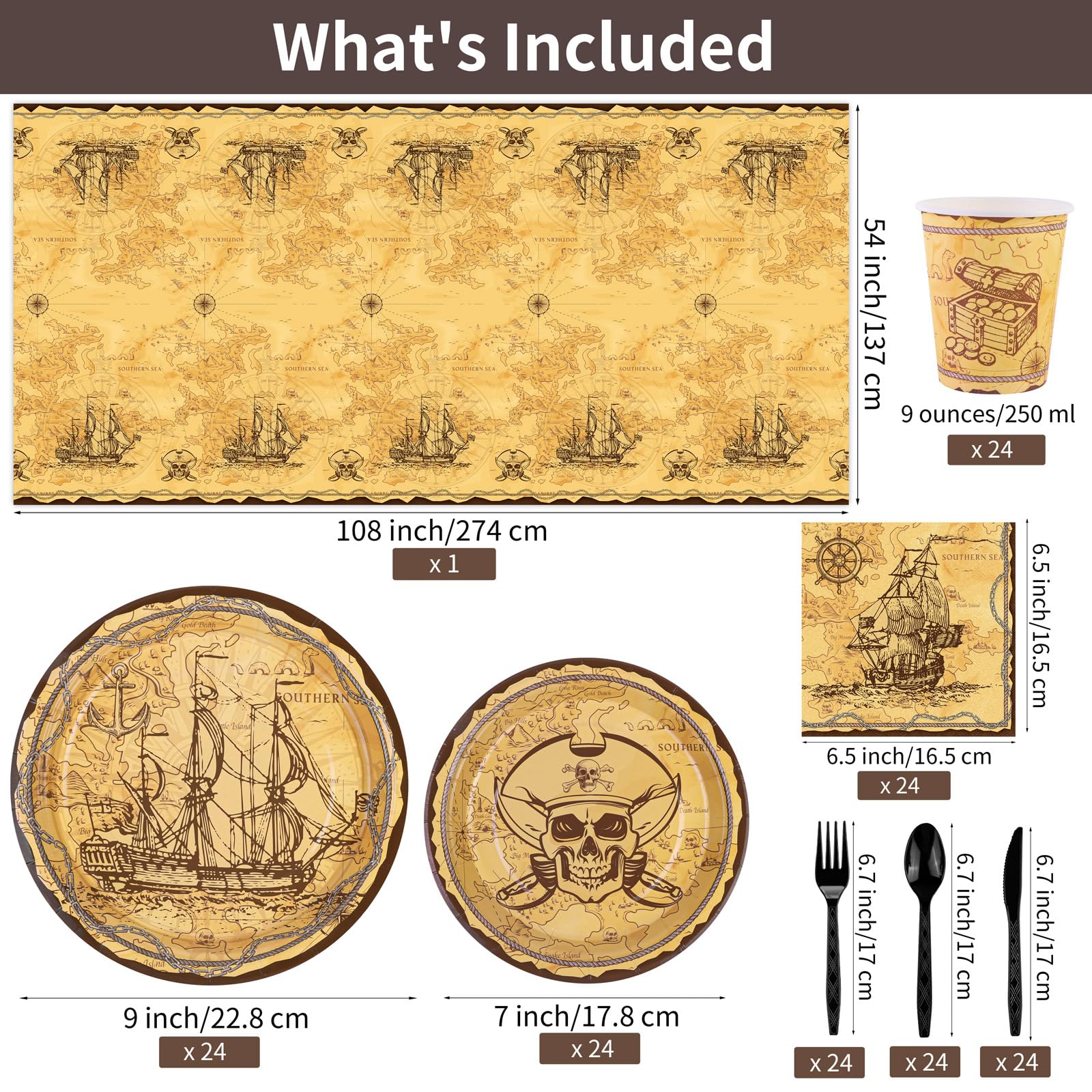 Durony 169-Piece Pirate Tableware Set - Pirate & Treasure Theme Birthday Party Supplies - Plastic Tablecloth, Plates, Napkins, Cups & Favors - Treasure Map Decors