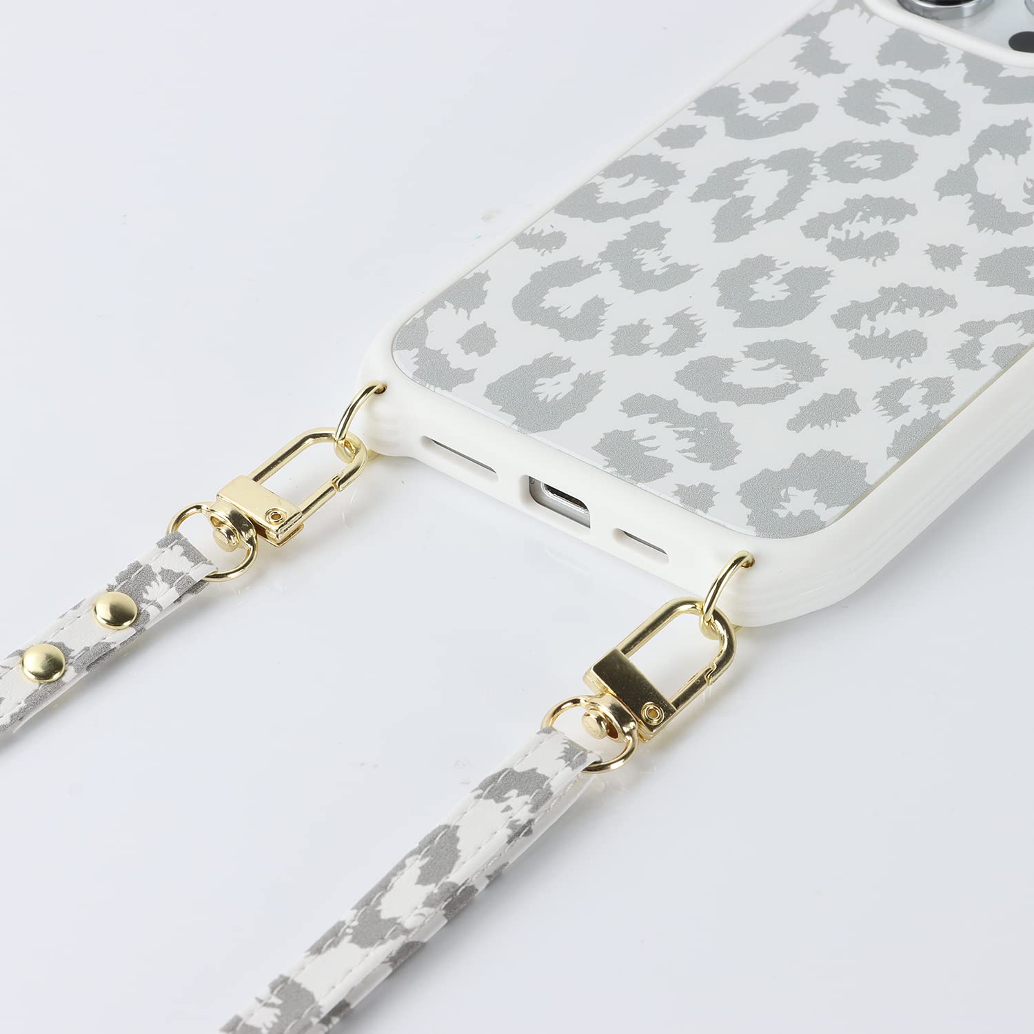 Cavor for iPhone 13 Pro Max Case,Compatible with Magsafe for Women,Crossbody Cases for iPhone 13 Pro Max with Strap Wireless Charging,Leopard Grain Full Body Shockproof Protective Case,White
